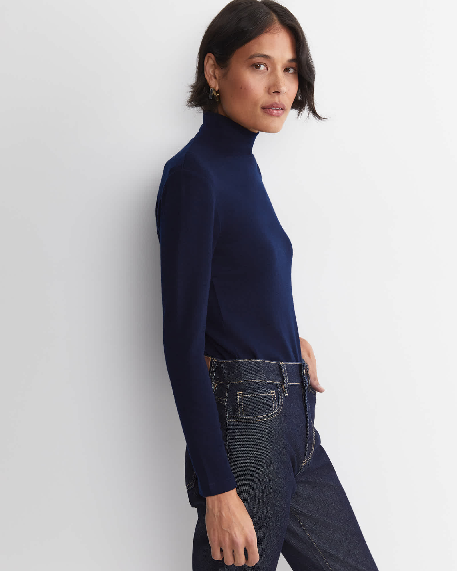 Gigi Babywool Mock Neck Top in Navy | Sportscraft